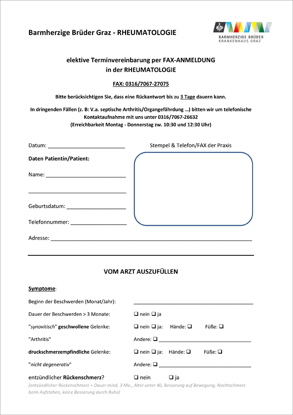 Faxformular Anmeldung Rheumatologie / Barmherzige Brüder Graz